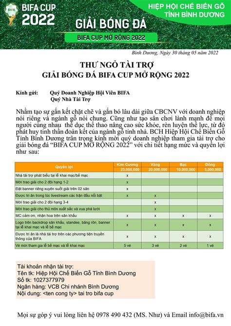 THƯ NGỎ TÀI TRỢ GIẢI BÓNG ĐÁ BIFA CUP MỞ RỘNG 2022 Hiệp hội chế biến