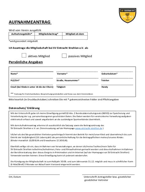 Ausfüllbar Online Antrag auf Aufnahme in den Verein Fax Email Drucken