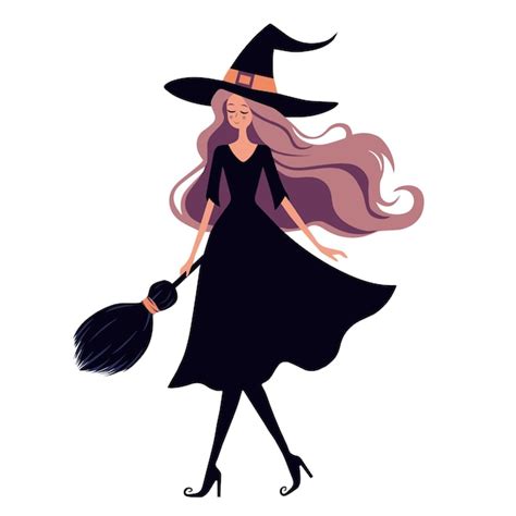 Cartoon Halloween Witch With Broom In Black Dress And Hat Premium Ai Generated Vector