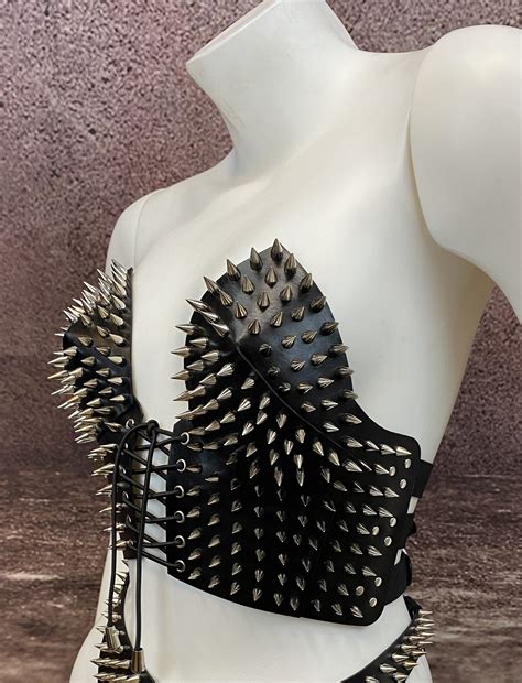 The Lunatic Spiked Bra Leather Bra With Spikes Lace Up Etsy