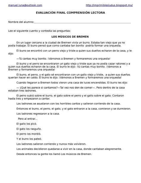 Los músicos de Bremen Los musicos de bremen Comprensión lectora