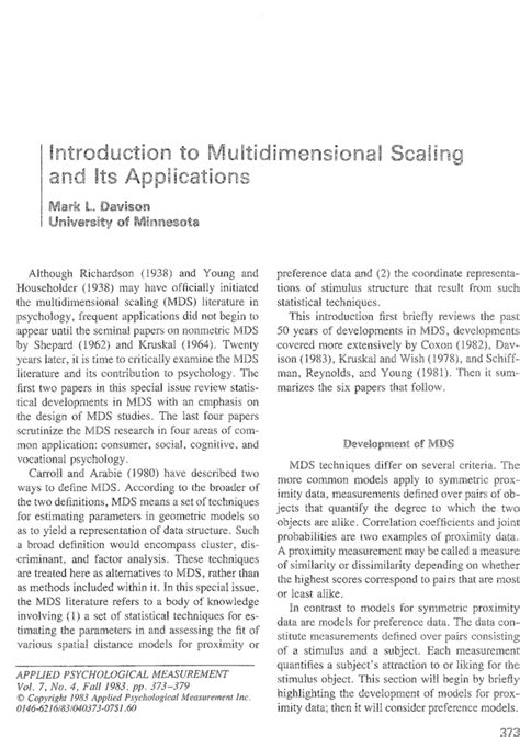 introduction to multidimensional scaling and its applications mark l davison 1983