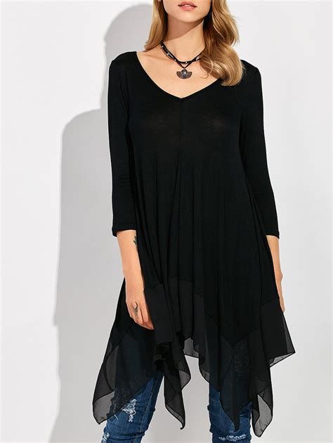 Black Asymmetrical Handkerchief T Shirt RoseGal