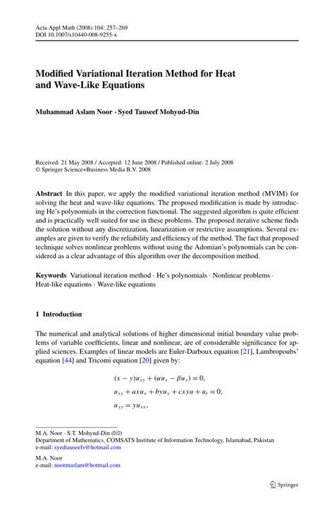 pdf modified variational iteration method for heat and wave like equations