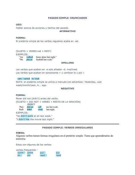 4 Past Simple Workbook 1 PASADO SIMPLE ENUNCIADOS USO Hablar