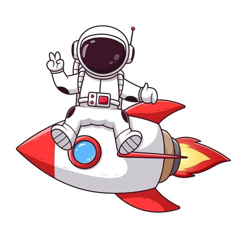 Lindo astronauta con manos pacíficas sentado en cohete concepto de