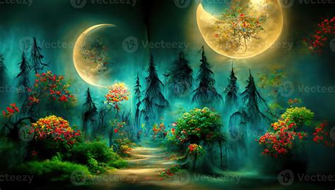 Forest In Silhouette With Starry Night Sky And Full Moon Halloween