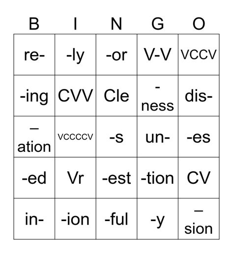 Syllables Affixes Bingo Card