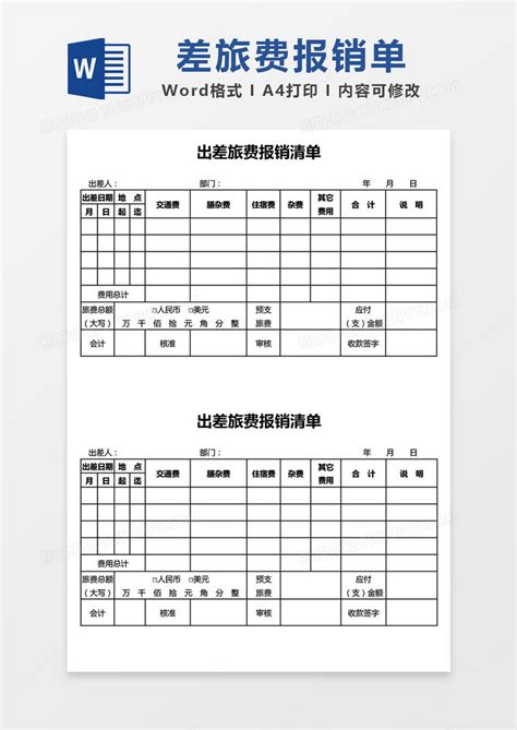 简约出差旅费报销清单WORD模板下载 出差 图客巴巴