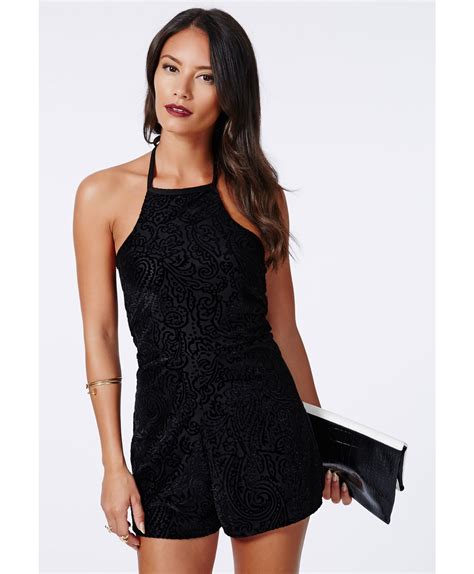Lyst Missguided Courtney Paisley Flock Halterneck Playsuit Black In Black