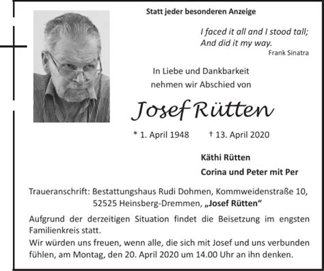 Traueranzeigen Von Josef R Tten Aachen Gedenkt