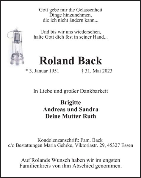 Traueranzeigen Von Roland Back Trauer In NRW De