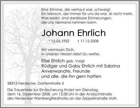 Traueranzeigen Von Johann Ehrlich Trauer In NRW De