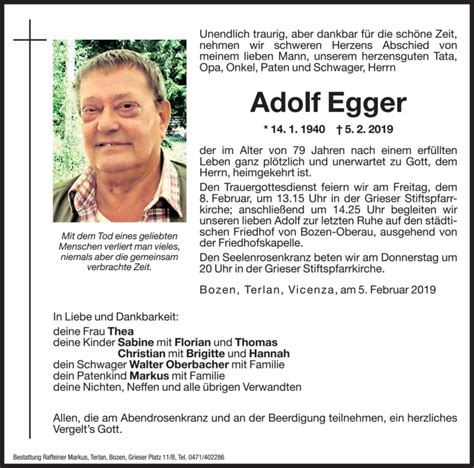 Traueranzeigen Von Adolf Egger Trauer Bz