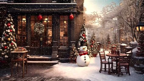 Winter In Porch Coffee Shop Ambience With Smooth Jazz Music Snow