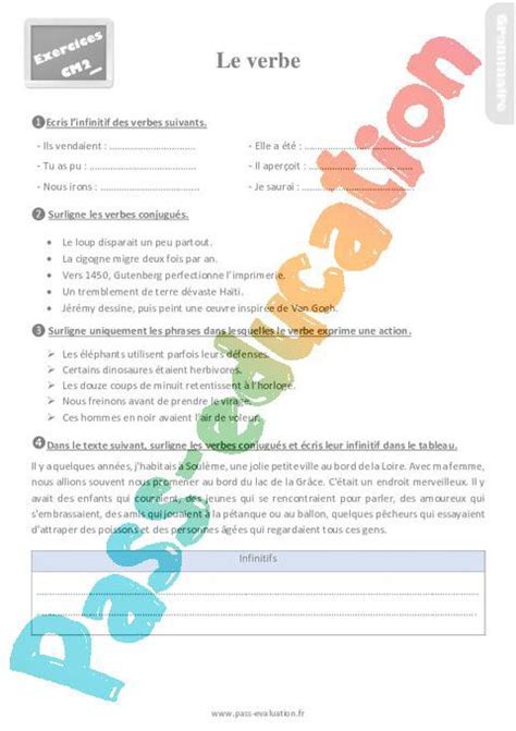 Evaluation Et Bilan Pour Le Cm Sur Le Verbe Pdf Imprimer Par Pass