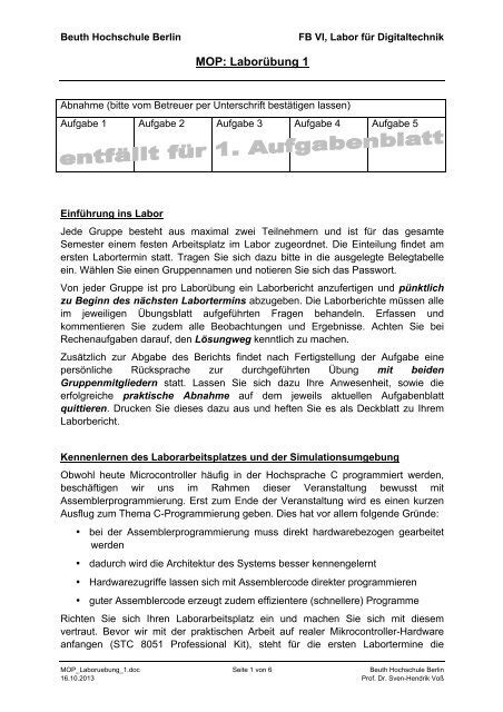 Laboraufgabenblatt 1 Beuth Hochschule für Technik Berlin