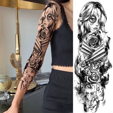 Rose Anime Sexy Girl Temporary Tattoos For Men Women Body Art Full Arm