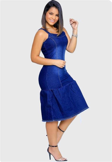 Vestido Jeans midi alça fina babado Urbania moda evangélica modesta