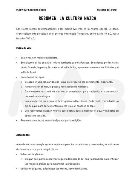 Resumen De La Cultura Nazca Aldair Preciado UDocz