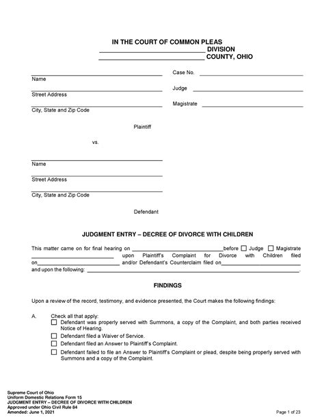 Draft Judgement And Decree Supreme Court Of Ohio Uniform Domestic