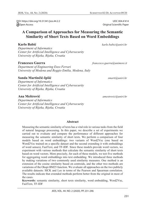 pdf a comparison of approaches for measuring the semantic similarity of short texts based on