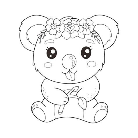 Coloriage Koala Mignon Avec Un Bandeau De Fleurs Vecteur Premium