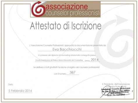 Attestato Di Iscrizione ASSOCIAZIONE COUNSELOR PROFESSIONISTI