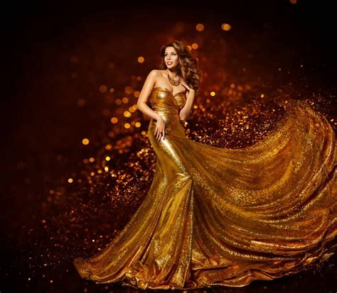 Beauty Model Golden Dress Gold Jewelry Fashion Woman Luxury Gown Stock