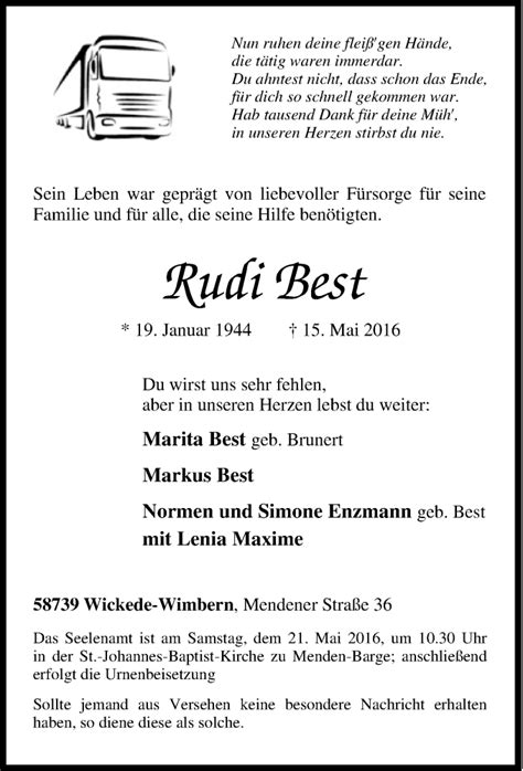 Traueranzeigen Von Rudi Best Trauer In NRW De