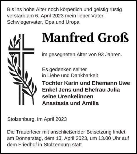 Traueranzeigen Von Manfred Gro Trauer Nordkurier