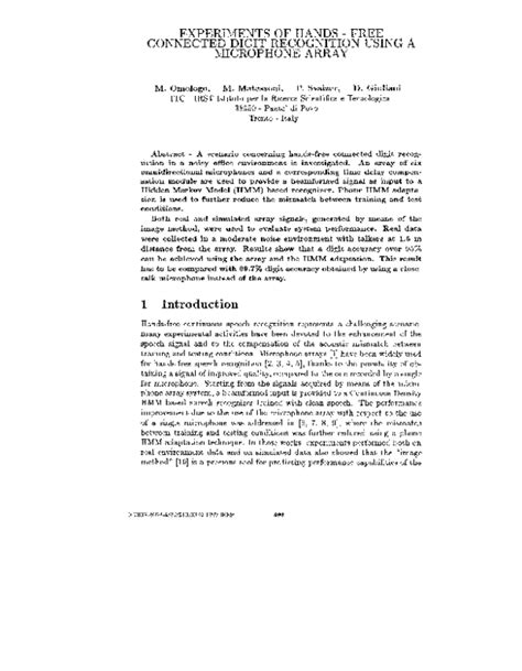 pdf experiments of hands free connected digit recognition using a microphone array marco
