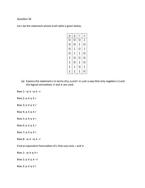 propositional logic questions 18 23 question 18 let s be the statement whose truth table is