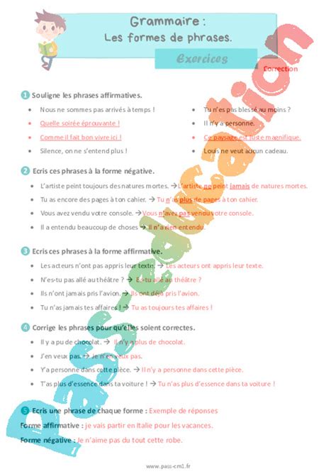 Les formes de phrase affirmative négative Exercices de grammaire