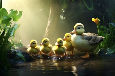 Premium Ai Image A Group Of Ducklings Following Their Mother Through