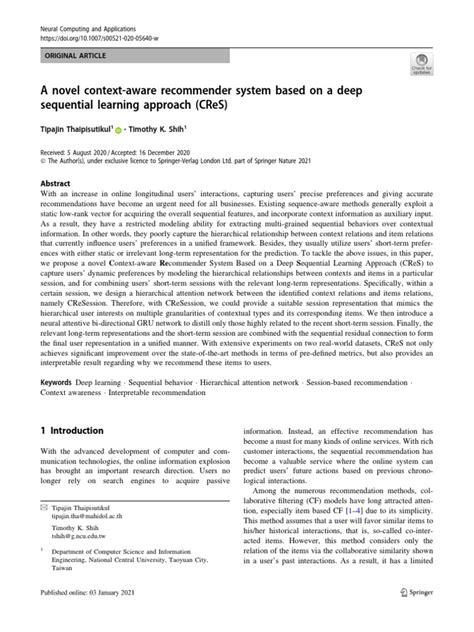 j166 a novel context aware recommender systems based on a j166 deep sequential learning approach