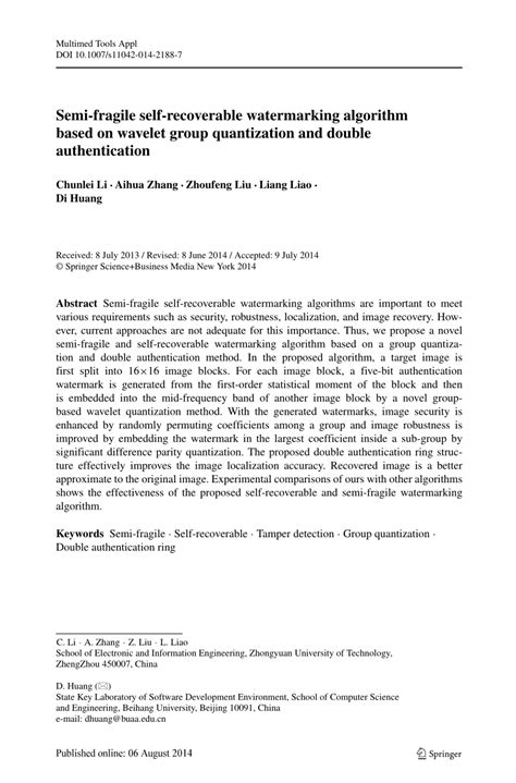pdf semi fragile self recoverable watermarking algorithm based on wavelet group quantization
