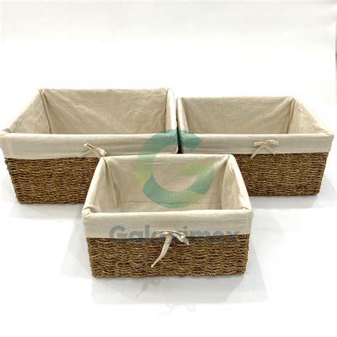 Rect Seagrass Basket With Fabric Lining Set Of Galaximex