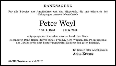Traueranzeigen Von Peter Weyl Rz Trauer De