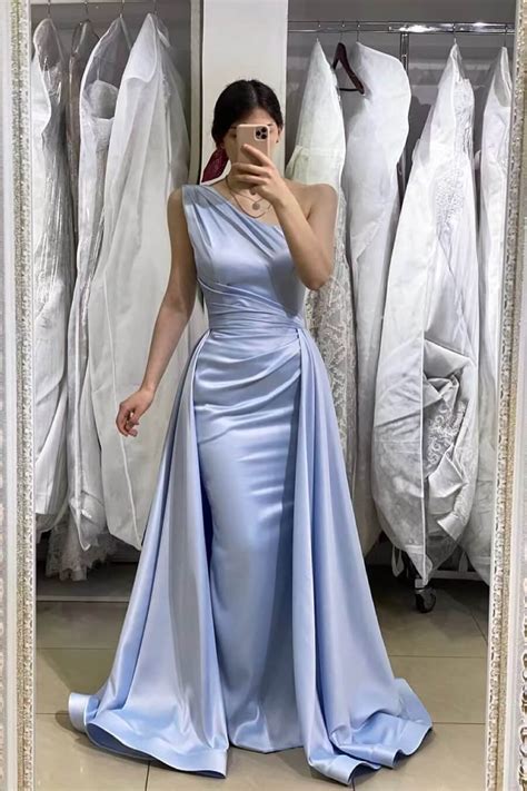 Daisda Light Blue Sleeveless Mermaid One Shoulder Long Prom Dress With