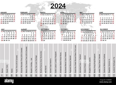 Calendario Con Mapa Mundial Y Zonas Horarias Imagen Vector De