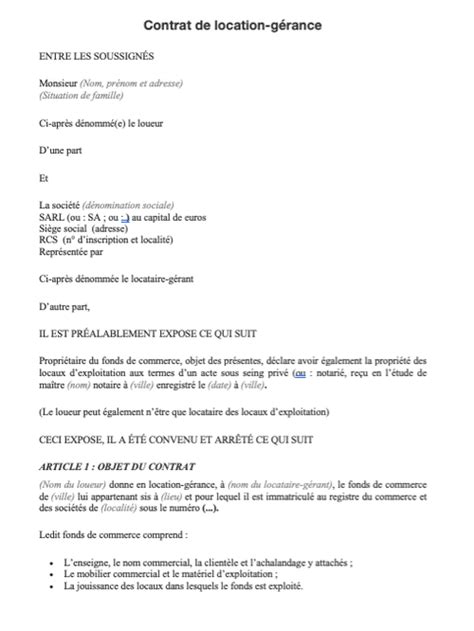 Contrat location gérance document et modèle à télécharger