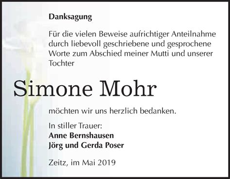 Traueranzeigen Von Simone Mohr Abschied Nehmen De