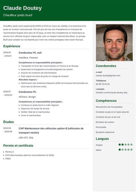 Exemple de CV chauffeur poids lourd débutant confirmé