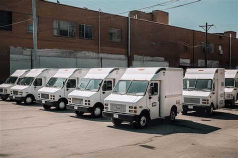 Premium AI Image A Row Of White Delivery Trucks Parked In A Parking