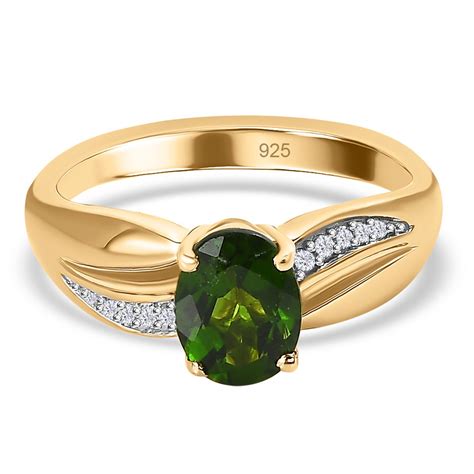 Natürlicher Chromdiopsid weißer Zirkon Ring 925 Silber vergoldet