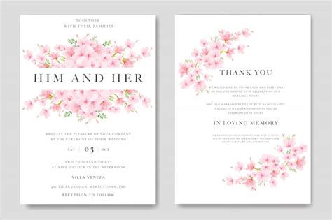 Plantilla de tarjeta de invitación de boda con diseño floral de cerezo