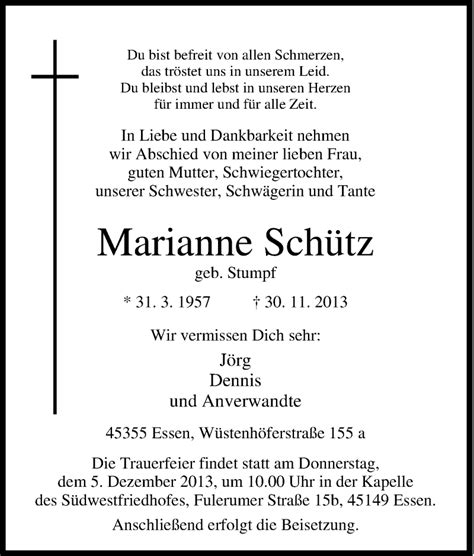 Traueranzeigen von Marianne Schütz Trauer in NRW de