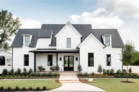 Modern Farmhouse House Exterior With Metal Roof White Siding And Black