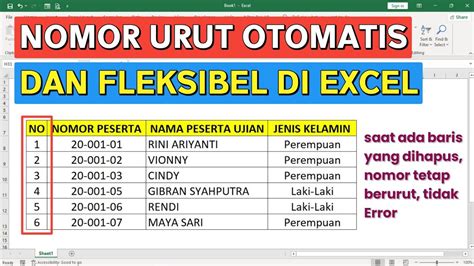 Cara Membuat Nomor Urut Otomatis Di Excel Youtube